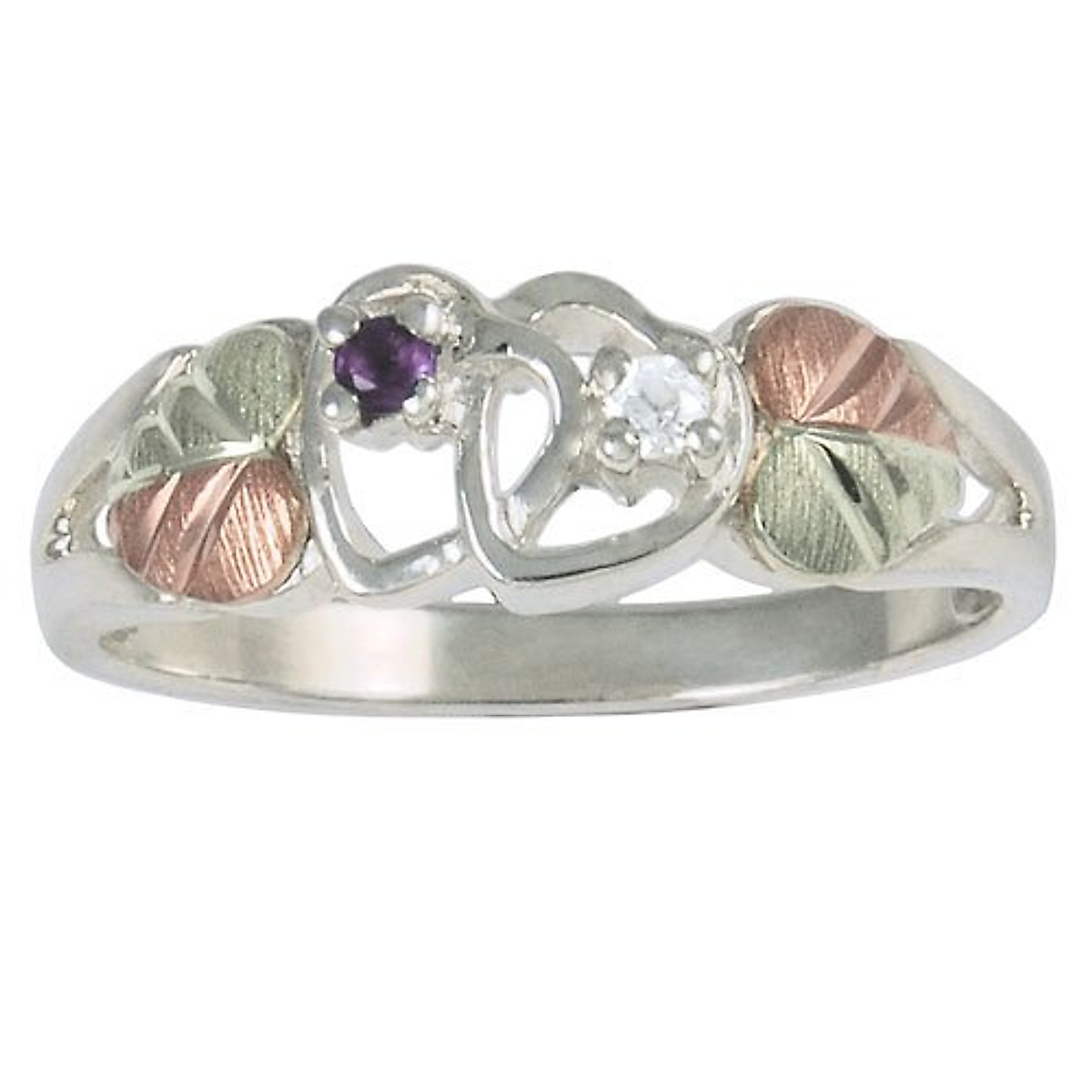 Amethyst and Diamond Double Hearts Ring, Sterling Silver, 12k Green and Rose Gold Black Hills Gold Motif, Size 7.25