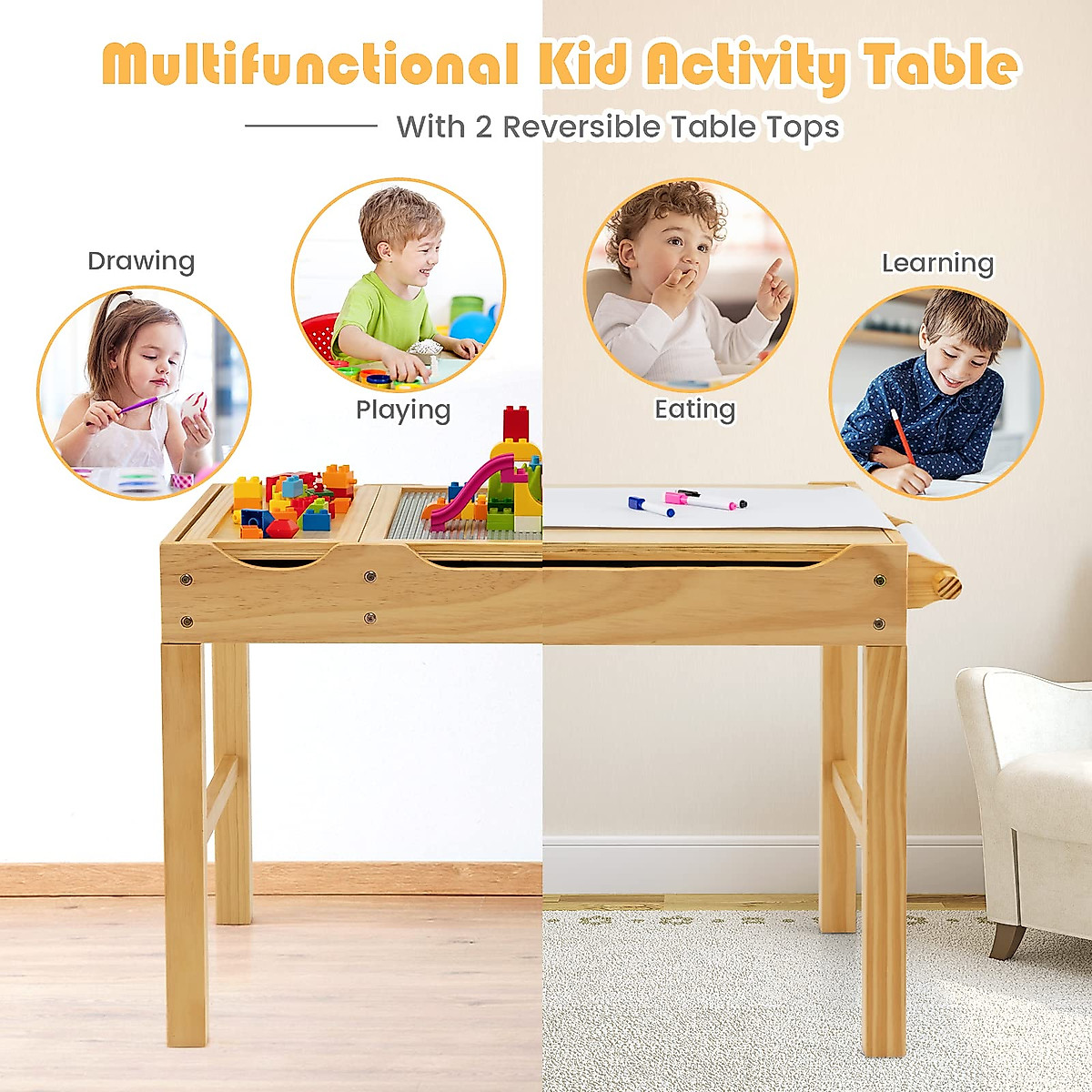 HONEY JOY Kids Table, 2 in 1 Toddler Wooden Activity Table with Paper Roll, Convertible Building Block Tabletop, 3 Storage Compartments, Children Furniture Set for Daycare, Playroom, Natural