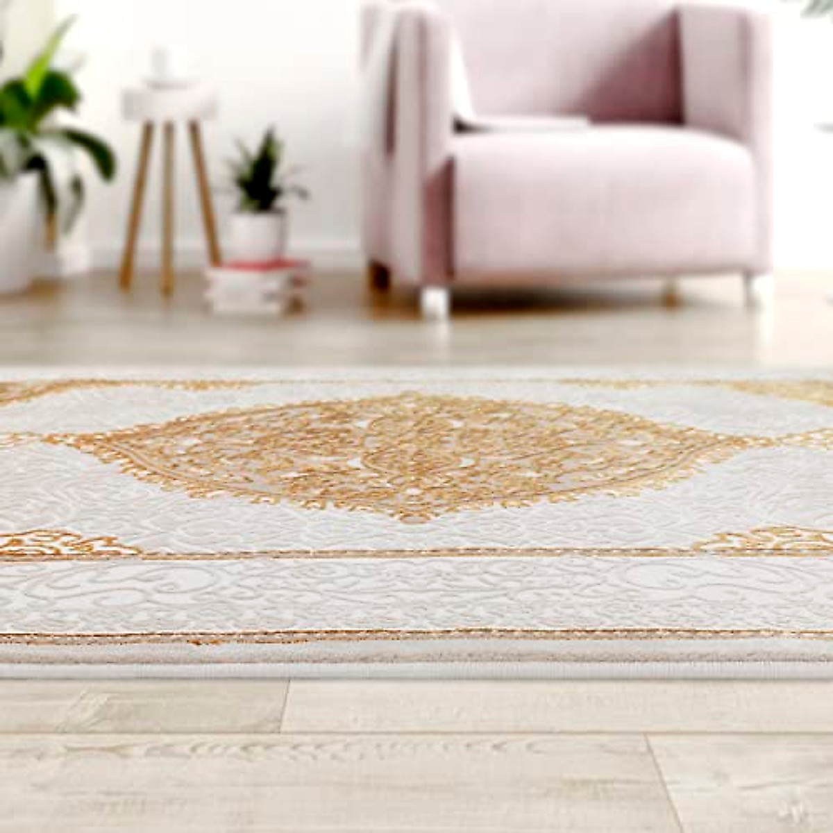 Antep Rugs Babil Gold 8x10 Oriental Bordered High Low Textured Traditional Indoor Area Rug, Beige Gold, 7'10" x 10'