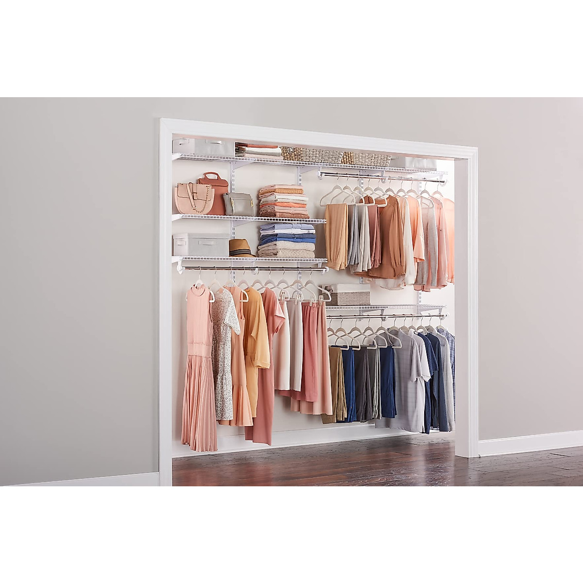 Rubbermaid Configurations Deluxe Closet Kit, White, 4-8 Ft., Wire Shelving Kit with Expandable Shelving and Telescoping Rods, Custom Closet Organization System, Easy Installation