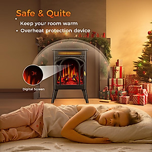 COWSAR Electric Fireplaces, 1500W Infrared Electric Stove Heater, Efficient Heating, 3D Realistic Flame, Remote Control, 8H Timer, Freestanding Stove for Living Room Bedroom Indoor Use, 5100 BTU