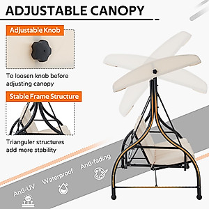 U-MAX Outdoor Proch Swing Chair with Adjustable Backrest&Canopy, Patio Swing Set 2-in-1 Convertible Outdoor Swing Patio Canopy Swing Daybed with Removable Beige Cushions for Adults