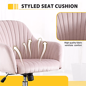 GEAIMQX Pink Velvet Vanity Desk Chair with Back and Wheels, Cute Makeup Chair for Vanity, Modern Swivel Rolling Chair for Bedroom Home Office Makeup Room, Adjustable High Silver Legs (Pink)