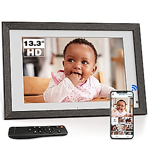 BSIMB 32GB 13.3 Inch Wood-Effect WiFi Digital Photo Frame HD IPS Touch Screen Smart Large Picture Frame with Remote Control, Auto-Rotate, Wall Mountable, Easy to Share Photos & Videos via App & Email