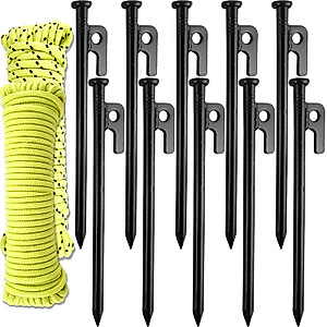 Wellmax 10PC Heavy Duty Tent Stakes with 2PC Glow in Dark Rope 3/16" x50ft and 1/4" x50ft (Black)