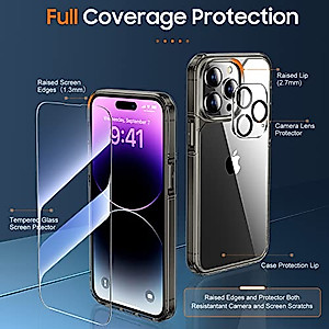 UniqueMe [5 in 1 Design for iPhone 14 Pro Max 6.7 inch Case, 2 Pack Screen Protector Tempered Glass + 2 Pack Camera Lens Protector, [Non-Yellowing] Shockproof Protective Cover - Clear Black