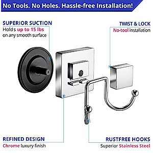 HOME SO Suction Cup Hooks for Shower, Bathroom, Kitchen, Glass Door, Mirror, Tile – Loofah, Towel, Bath Robe Removable Hook Holder – Prisma Collection, Stainless Steel Chrome (2-Pack)…