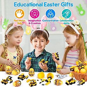 EZIGO Easter Eggs Fillers with Construction Vehicles Building Blocks, 12 Pack Bulk Toy, Basket Stuffers Easter Party Favors Supplies Classroom Prize Easter Hunts Gift for Kids