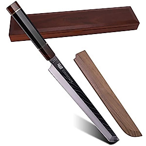 FINDKING Prestige Series Sakimaru Knife with Walnut Cover, Japanese SKD11 Damascus Steel Blade, Ebony Wood Octagonal Handle, Professional Sashimi Sushi Fish Knife (10.5 Inches, with Wooden Gift Box)