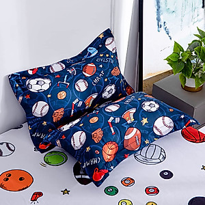 Wajade Sports Comforter Set Bed in A Bag Full Size 7 Piece 3D Soccer Basketball Baseball Football Bedding Set for Kids Boys (1 Comforter, 1 Flat Sheet, 1 Fitted Sheet, 2 Pillowcase and 2 Pillow Sham)