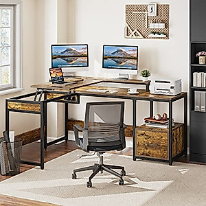 YITAHOME L Shaped Desk with File Drawer, 65" Large Computer Desk Corner Desk with Lift Top, Standing Desk Height Adjustable with Monitor Stand & Storage Shelves for Home Office, Rustic Brown