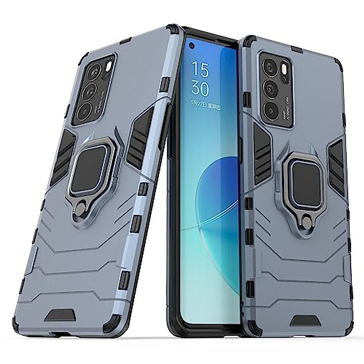SATURCASE Case for Oppo Reno 6 Pro 5G, Ring Kickstand Hybrid 2 in 1 [PC & Silicone] Dual-Layer Bumper Shockproof Protective Cover for Oppo Reno 6 Pro 5G (HZ-Navy Blue)