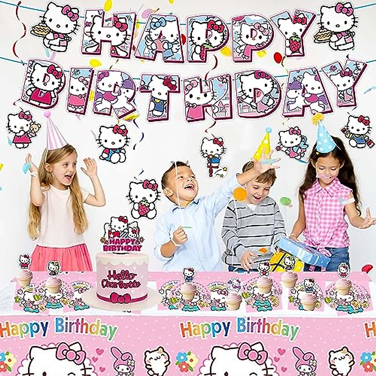 Kitty Birthday Party Supplies Include Birthday Banner, Hanging Swirl Decorations, Plates, Napkins, Tablecloth for Kitty Party Decorations, Sever 10
