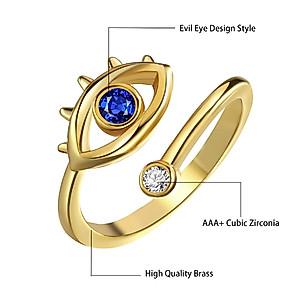 Yifnny Evil Eye Ring, Lucky Turkish Blue Evil Eye Ring Cubic Zirconia Adjustable Wrap Open Ring Hamsa Protection Eye Rings for Women (Gold 1)