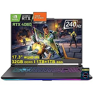 ASUS ROG Strix G17 G713 Gaming Laptop | 17.3" WQHD IPS 240Hz | AMD 12-Core Ryzen 9 7845HX >i9-12900H | 32GB DDR5 1TB+1TB SSD | GeForce RTX 4060 8GB | USB-C RGB Backlit Win11 Black + 32GB MicroSD Card