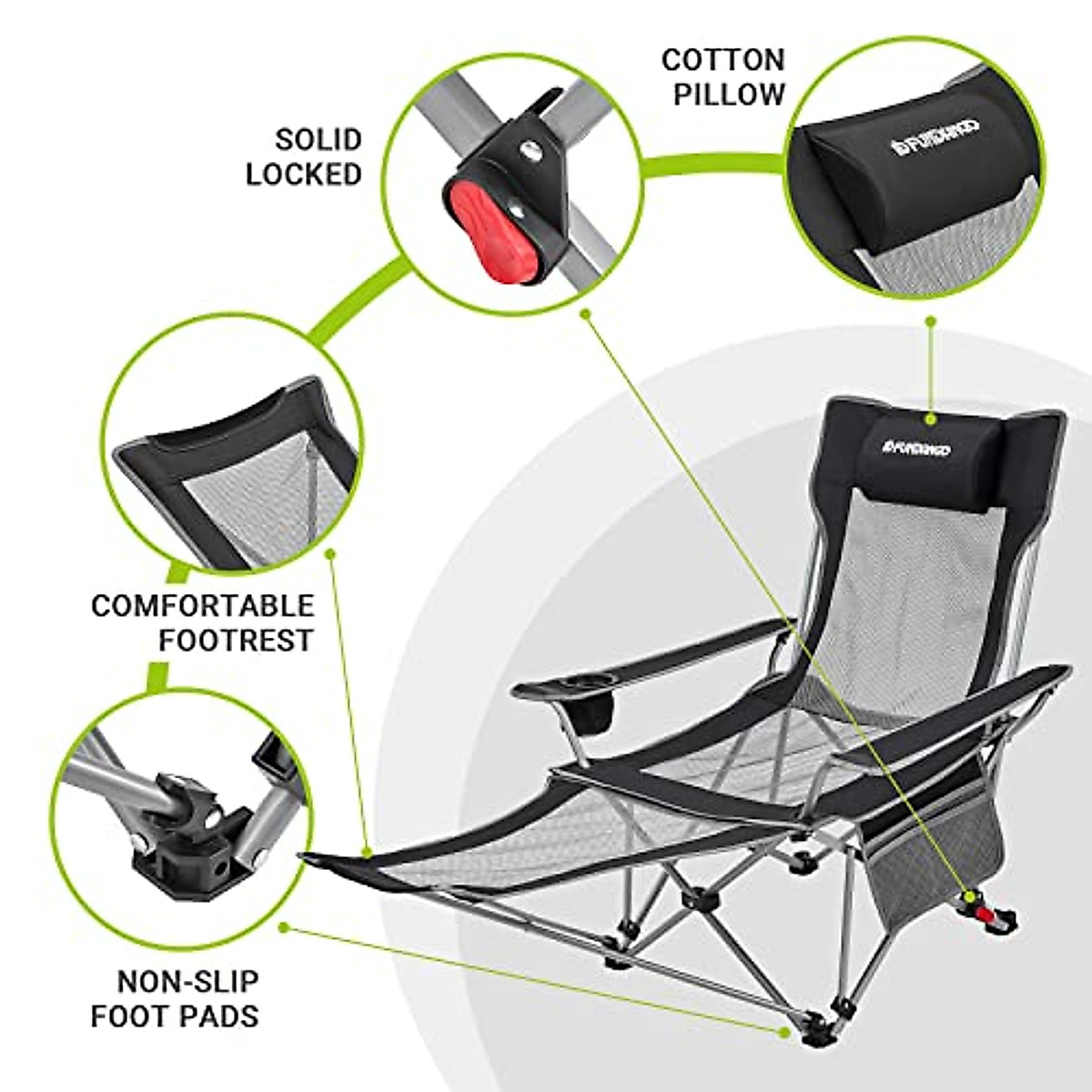 FUNDANGO Reclining Camping Chair 3-Position Adjustable Folding Lounge Chairs with Footrest for Adult Support Up to 300lbs, Suit for Lawn,Office,Backyard,Camping,Concert,Garden(Black/MediumGrey)