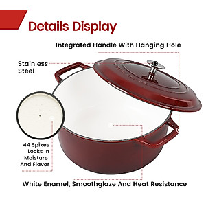 EDGING CASTING Enameled Cast Iron Dutch Oven Pot With Lid, Dutch Oven for Sourdough Bread Baking Round Pot Dule Handle, 6 Quart, Wine Red