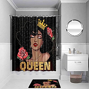 MrLYouth African American Sexy Women Bathroom Sets with Shower Curtain,Non-Slip Rugs,Bath Mat,Toilet Lid Cover,Accessories with 12 Hooks,Super Soft Waterproof Fancy Afro Girl Bathroom Decor 4 Pcs