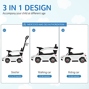Aosom 3 in 1 Kids Ride on Push Car Stroller Sliding Walking Car for Toddler with Underneath Storage, Horn, Music, Working Steering Wheel, White