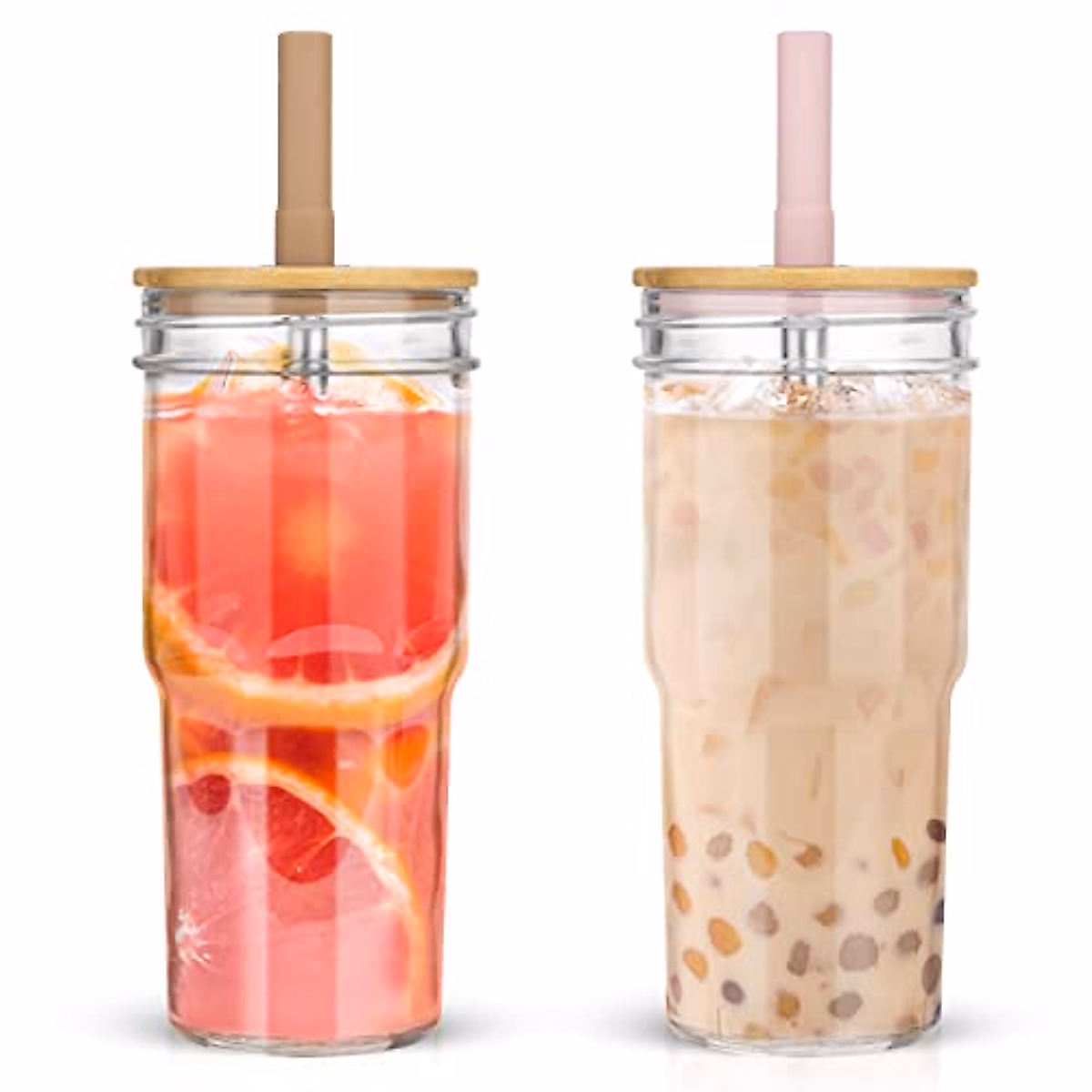 Zukro 24 oz Glass Tumbler Cup with Bamboo Lid and Straw 2 Pack, Mason Jar Drinking Glasses, Boba Tea Cup, Wide Mouth Glass Bottle for Smoothie, Iced Coffee, Juice, Water, BPA Free, Dishwasher Safe