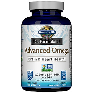 Garden of Life Dr. Formulated Advanced Omega Fish Oil - Lemon, 1,290mg EPA, DHA + DPA in Triglyceride Form, Single Source Omega 3 Supplement for Ultimate Brain & Heart Health, Non-GMO, 180 Softgels