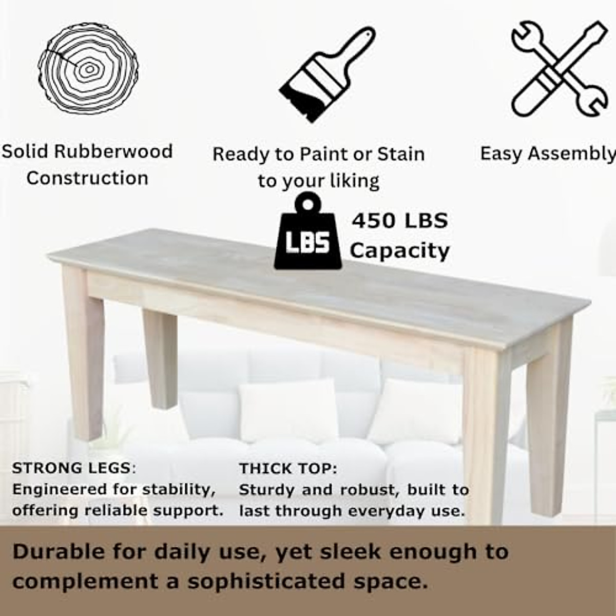 IC International Concepts Shaker Style Bench for Kitchen/Dining, Solid Parawood, 47"W x 14.37"D x 18.7"H, 450 lb Capacity, Paint or Stain in Any Color Any Color, Unfinished