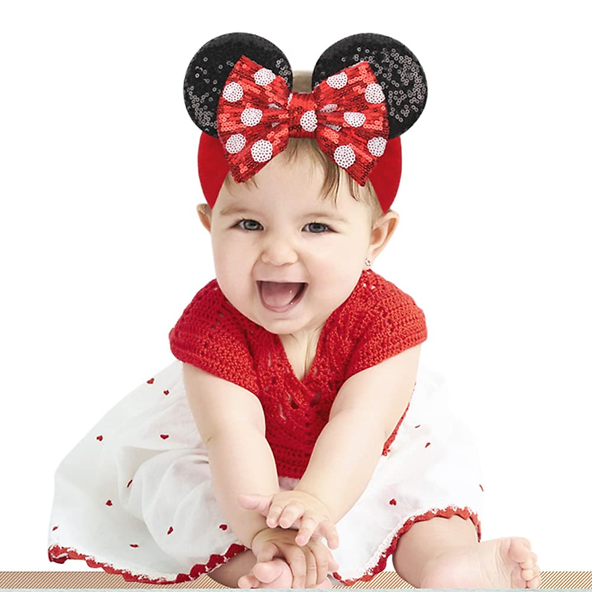 JIAHANG Baby Girl Mouse Ears Headwrap with Sequin Polka Dot Bow, Velvet Turban Hairband, Hair Bow Headband for Toddler, Kids, Party Supplies