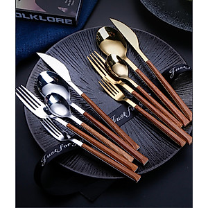 Wooden Silverware Set With Wood Grain Handle 30 Pcs Flatware Sets Service for 6 Stainless Steel Home Kitchen Wedding Restaurant Cutlery Utensils Set Forks Spoons and Knives Delicate Tableware