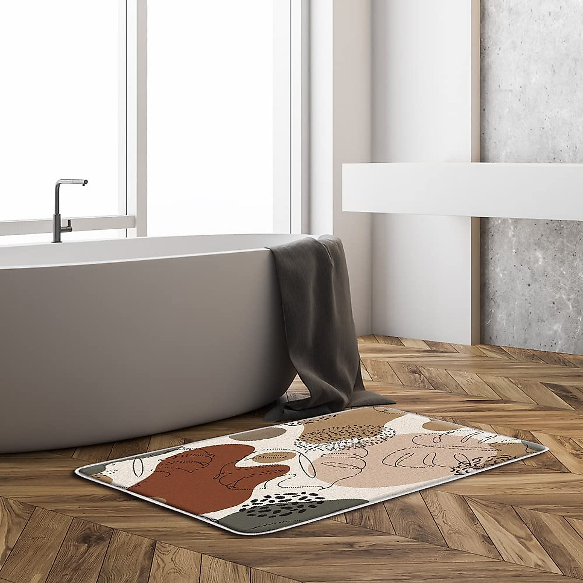 Mid Century Bath Mat Abstract Geometric Tropical Leaf Modern Minimalist Aesthetic Boho Palm Leaves Neutral Bathroom Mat Rug Memory Foam Carpet Doormat(18x30 Inch)