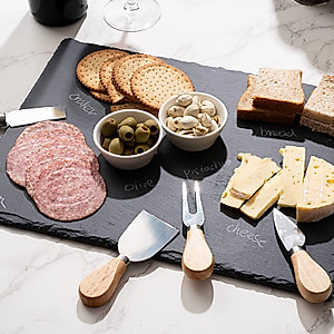 WLWNWFT 1 Pc 16 x 12 inch Slate Cheese Board Large Slate Board Set Slate Stone Board Slate Cheese Tray Serving Tray with 4 Knives Forks, 2 Ceramic Bowls and Chalk Christmas