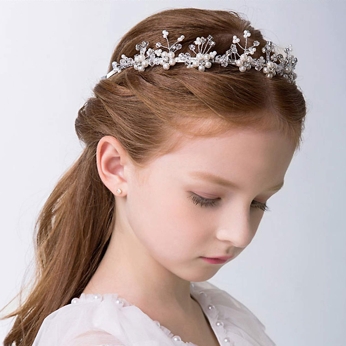 WILLBOND 2 Pieces Wedding Flower Crown Princess Wedding Headpiece Baptism Gift First Communion Headpiece for Girls Communion Veil Crystal Tiara for Girls Wedding and Flower Girls