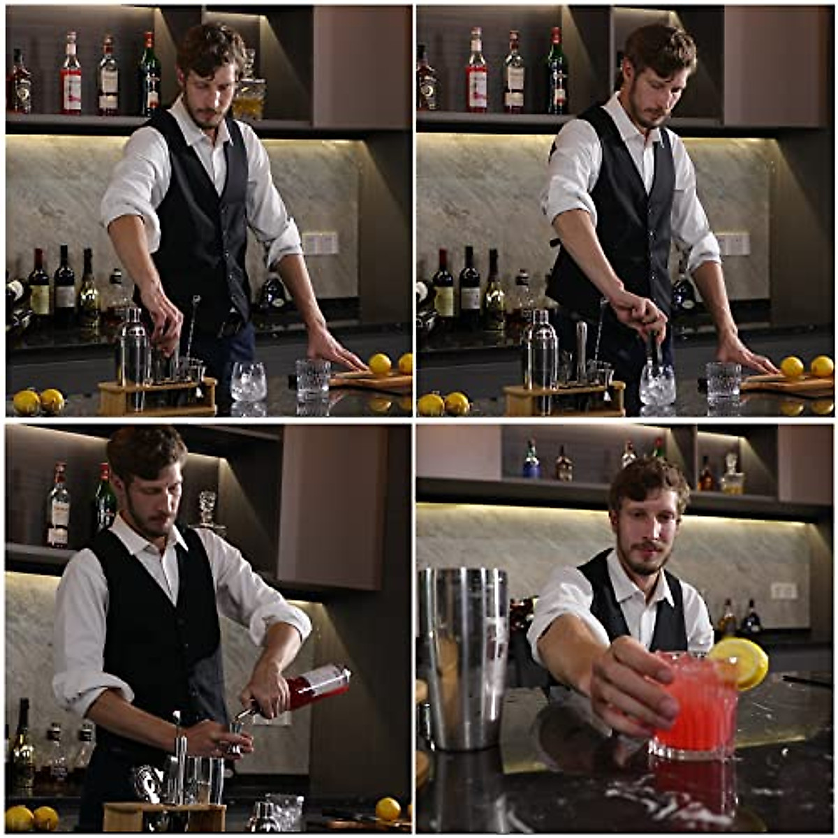 Bartender Kit, EPTISON 16-Piece Stainless Steel Cocktail Shaker Set with Stylish Bamboo Stand & Cocktail Recipes Booklet, Professional Bar Tools for Drink Mixing, Home, Bar, Parties