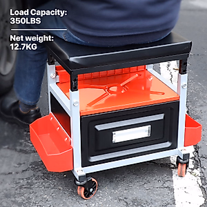 DNA Motoring TOOLS-00198 Adjustable Height Mechanics Roller Seat Creeper Stool With Padded Cushion, Tool Storage Drawer & Tray, 350 Lbs Max Weight Capacity