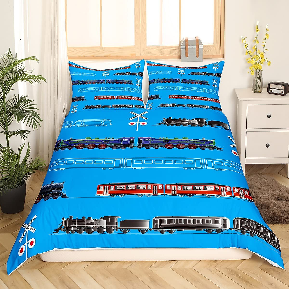 Feelyou Train Kids Boys Duvet Cover Retro Steam Engine Toddler Bedding Set for Teens Railway Track Transport Comforter CoverRed Blue Black Decor Quilt Cover Room 3Pcs Queen Size,Zipper…