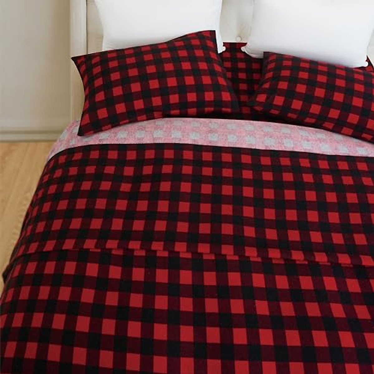 Elegant Comfort Soft 4-Piece 100% Turkish Cotton Flannel Sheet Set - Premium Quality, Deep Pocket Fitted Sheet, Ultra Soft, Cozy Warm Flannel Sheets - King, Buffalo Check Burgundy