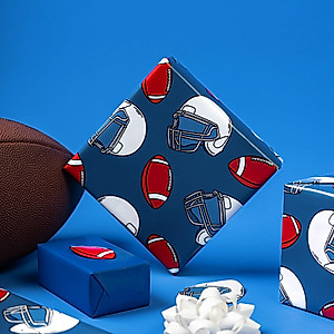 WRAPAHOLIC Reversible Wrapping Paper - Mini Roll - 17 Inch X 33 Feet - Rugby Design with Solid Blue Design for Birthday, Holiday, Baby Shower