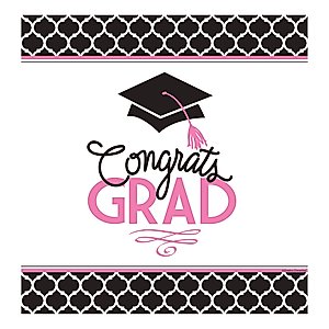 Creative Converting Border Print Plastic Tablecover, 54 x 102", Glamorous Grad, Black/White/Pink