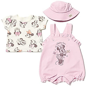 Disney Minnie Mouse Infant Baby Girls French Terry Short Overalls T-Shirt and Hat 3 Piece Outfit Set Pink 18 Months