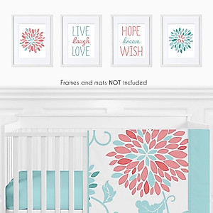 Sweet Jojo Designs Turquoise and Coral Floral Wall Art Prints Room Decor for Baby, Nursery, and Kids for Emma Collection - Set of 4 - Live Laugh Love
