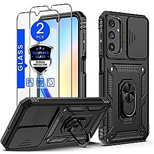 Dretal for Samsung A24 4G Case, Galaxy A24 5G Case with Slide Camera Cover + [2PCS] Tempered Glass Screen Protector, Military Grade Shockproof Protective Cover Built Finger Ring Kickstand (Black)