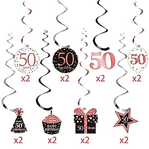 Blulu 50th Birthday Party Decorations, 50th Birthday Party Rose Gold Hanging Swirls Ceiling Decorations Shiny Foil Swirls for 50th Birthday Decorations 50 Years Old Party Supplies 30 Count