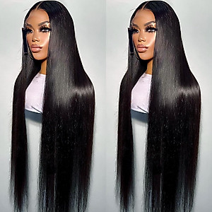 100% Human Hair 28 Inch Straight Lace Front Wigs Human Hair Pre Plucked 180 Density 13x4 HD Lace Front Wigs Human Hair for Black Women Glueless Brazilian Straight Lace Frontal Wigs with Baby Hair