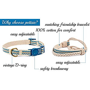 Pettsie Cat Collar Breakaway Safety and Friendship Bracelet for You, Durable 100% Cotton for Extra Safety, Comfortable and Soft, D-Ring for Accessories, Gift Box Included (7.5"-11.5" Neck, Blue)