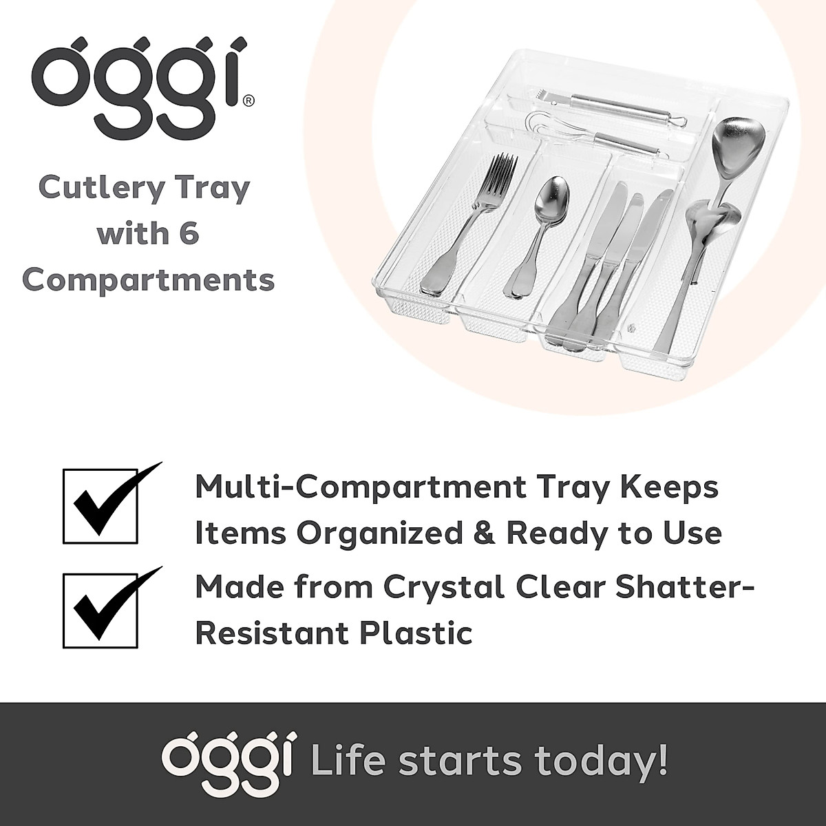 OGGI Silverware Organizer Tray, 6-Compartment, Clear