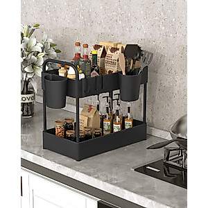 FURTIME Under Sink Organizer, 2 Tier Kitchen Under Sink Storage Bathroom Countertop Organizer with 6 Hooks 2 Hanging Cups and Anti-Foot for Bathroom Kitchen Spice Makeup Cosmetics Vanity Narrow Space