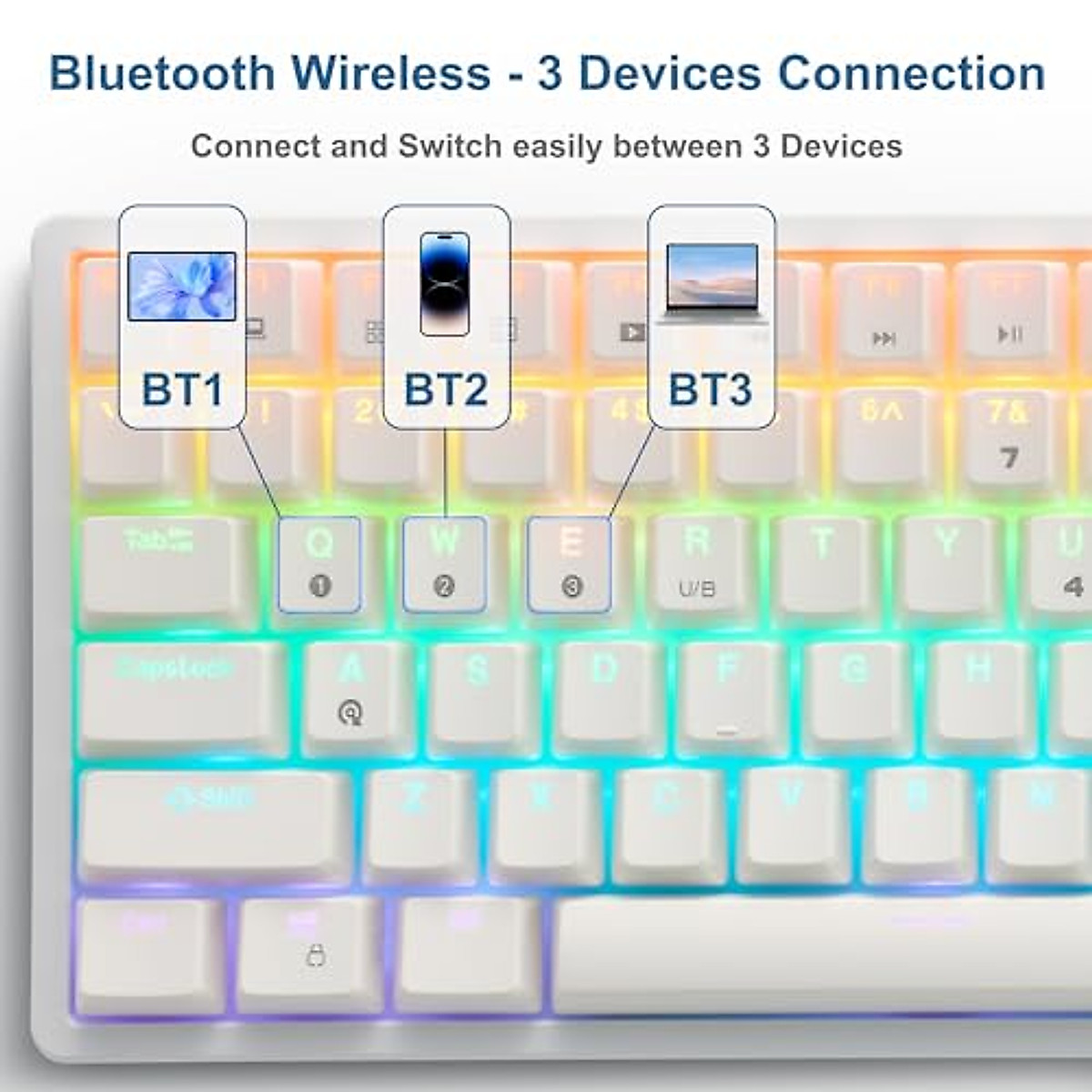 HUO JI Wireless Mechanical Gaming Keyboard, Programmable RGB Backlit, Bluetooth 5.0, Red Switches, 84 Keys, Wired 60% Keyboard for iPad, iMac Android/Windows Tablet Laptop Desktop, White