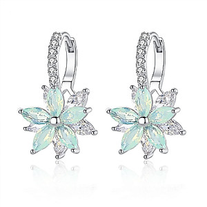 Flower Earrings for Women 18K White Gold Plated Flower Leverback Earrings Flower Dangle Drop Earrings|Green|Pink|Yellow|Blue, 0.87‘’X0.53''