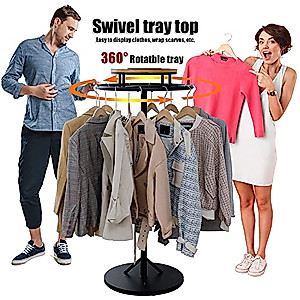 QQXX Round Clothing Rack,Walnut Wood Clothes Rack,Rotating Clothes Display Rack Circle,Clothing Garment Rack with Topper,freestanding Clothes Racks Coat Rack for Hanging Clothes Clothing Store Use