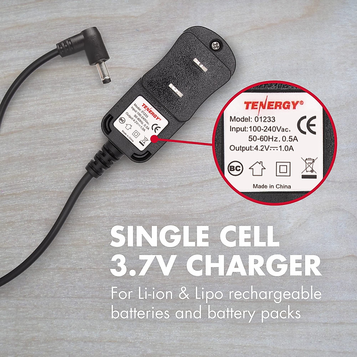 Tenergy 4.2V 1A Battery Charger with DC 4017 4.0x1.7 Connector, for 3.7V Li-ion 1S Rechargeable Battery