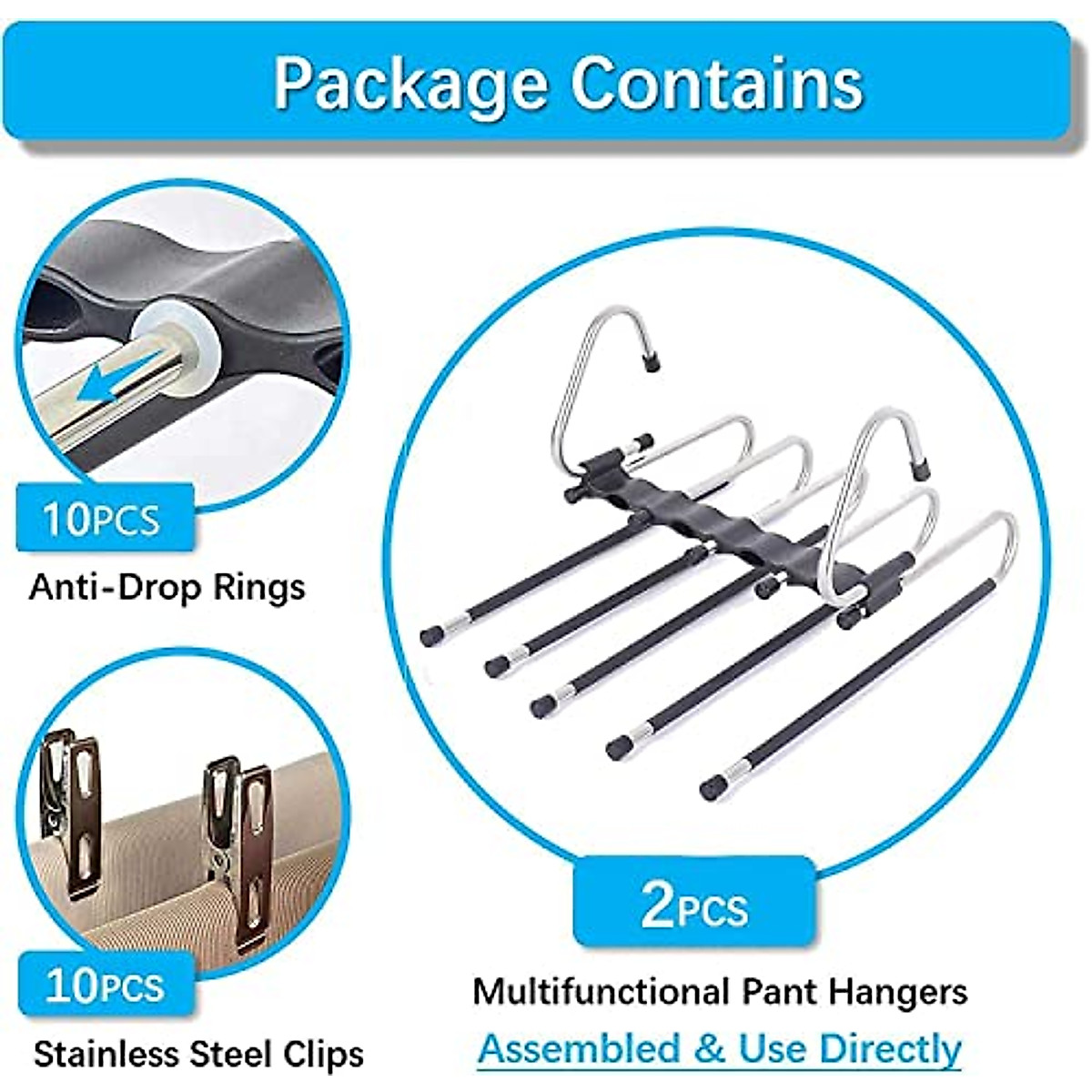 Pants Hangers - 2 Pack of Hangers for Closet Organizer, Wardrobe Space Saving for Skirt and Pants Hangers, Metal Hangers, Rack Organizer, Metal Hangers and Closet Hangers